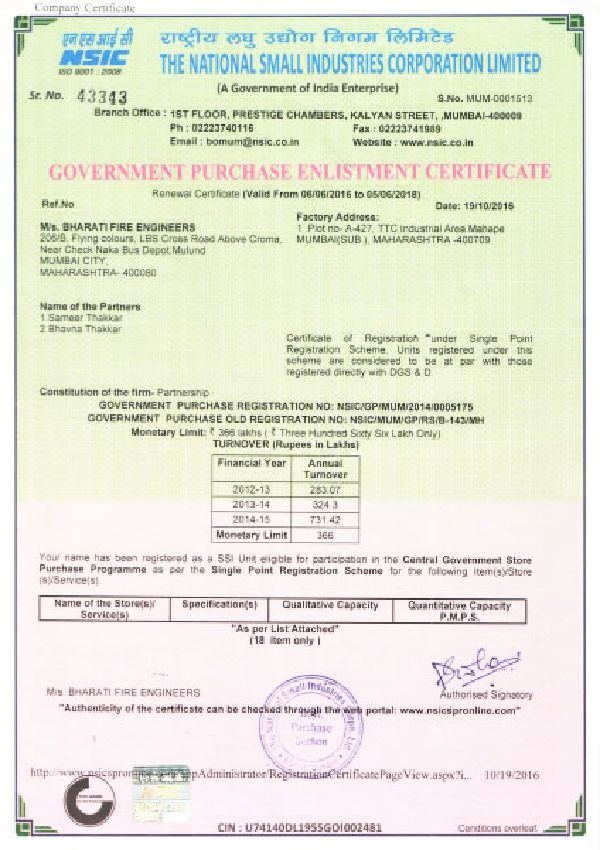 FireFite Certification - ISO, SSI NSIC, ISI, CE - Bharati Fire Engineers